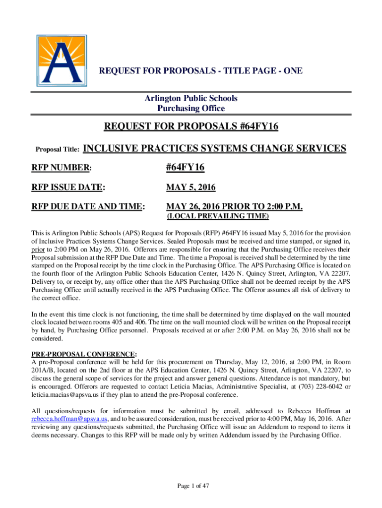Fillable Online REQUEST FOR PROPOSALS TITLE PAGE - ONE - apsva Fax ...