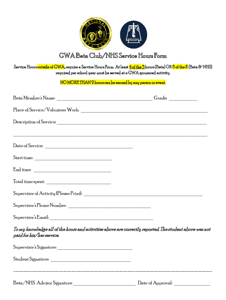Fillable Online GWA Beta Club/NHS Service Hours Form Fax Email Print ...