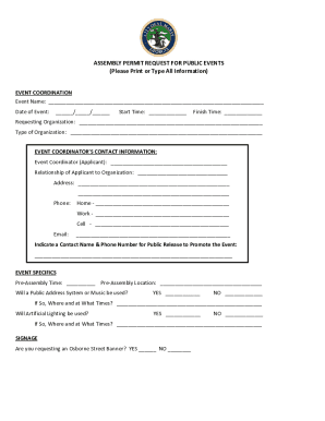 Fillable Online ASSEMBLY PERMIT REQUEST FOR PUBLIC EVENTS ( ... Fax ...