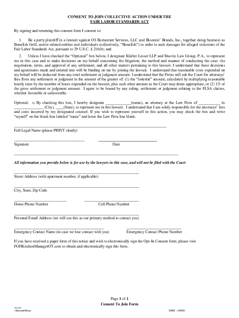 Fillable Online Written Consent Form Needed For FLSA Collective Action Fax Email Print - pdfFiller