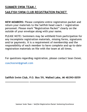 Fillable Online Summer Swim Team / Sailfish Registration Packet Fax ...