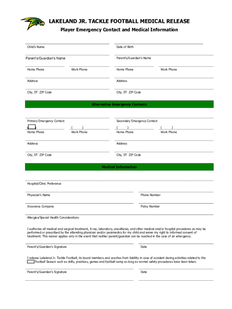 Fillable Online LAKELAND JR. TACKLE FOOTBALL MEDICAL RELEASE Fax Email ...