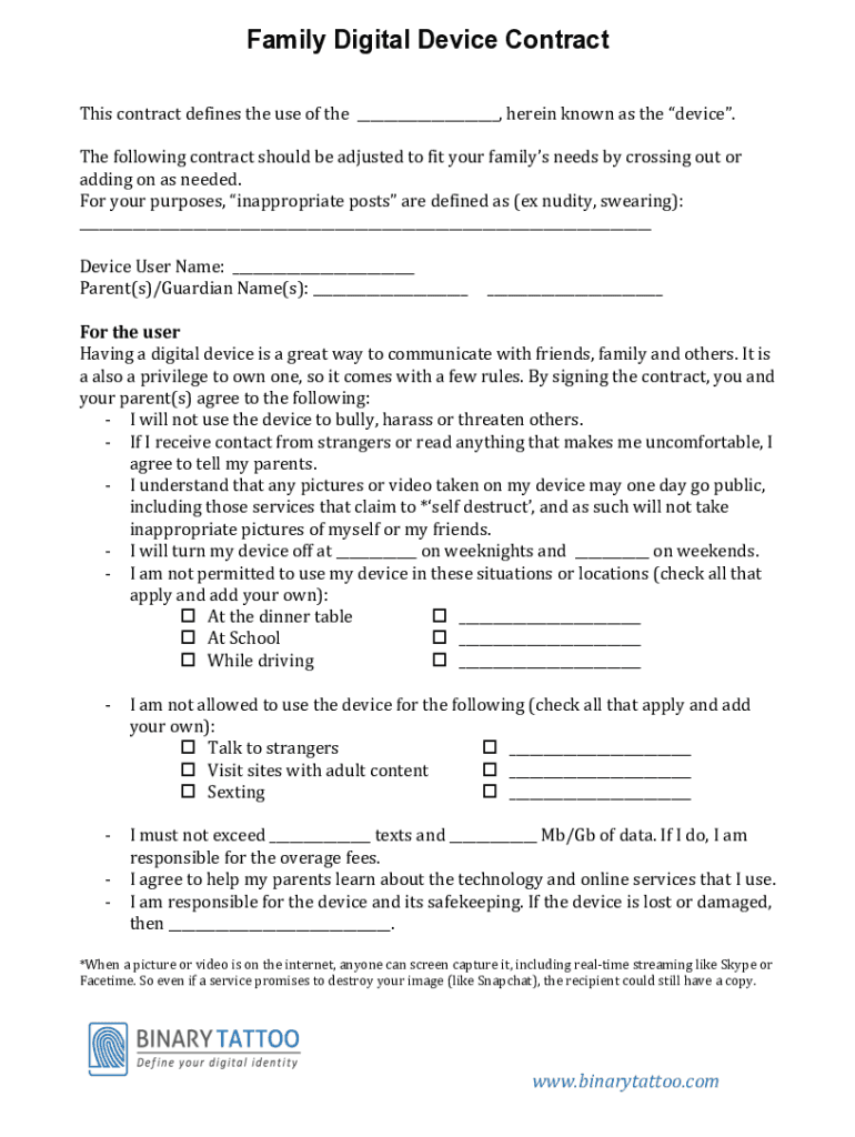 Fillable Online sta wrdsb Family Digital Device Contract Fax Email ...