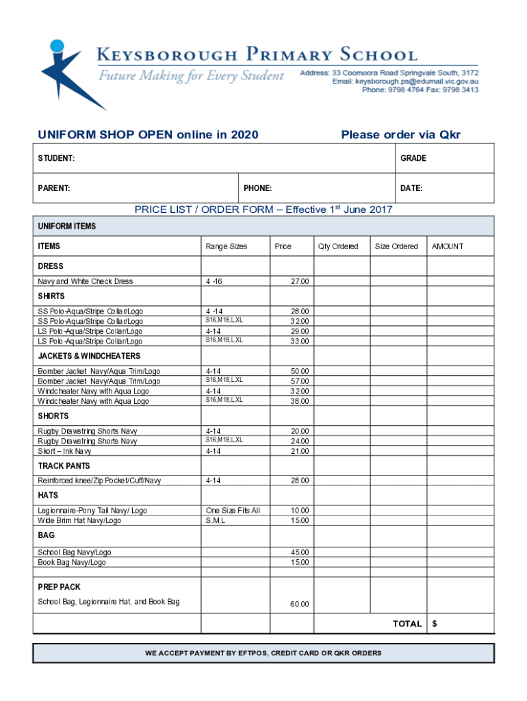 Fillable Online Uniform Price List Order Form cash less.doc - 2020.doc ...