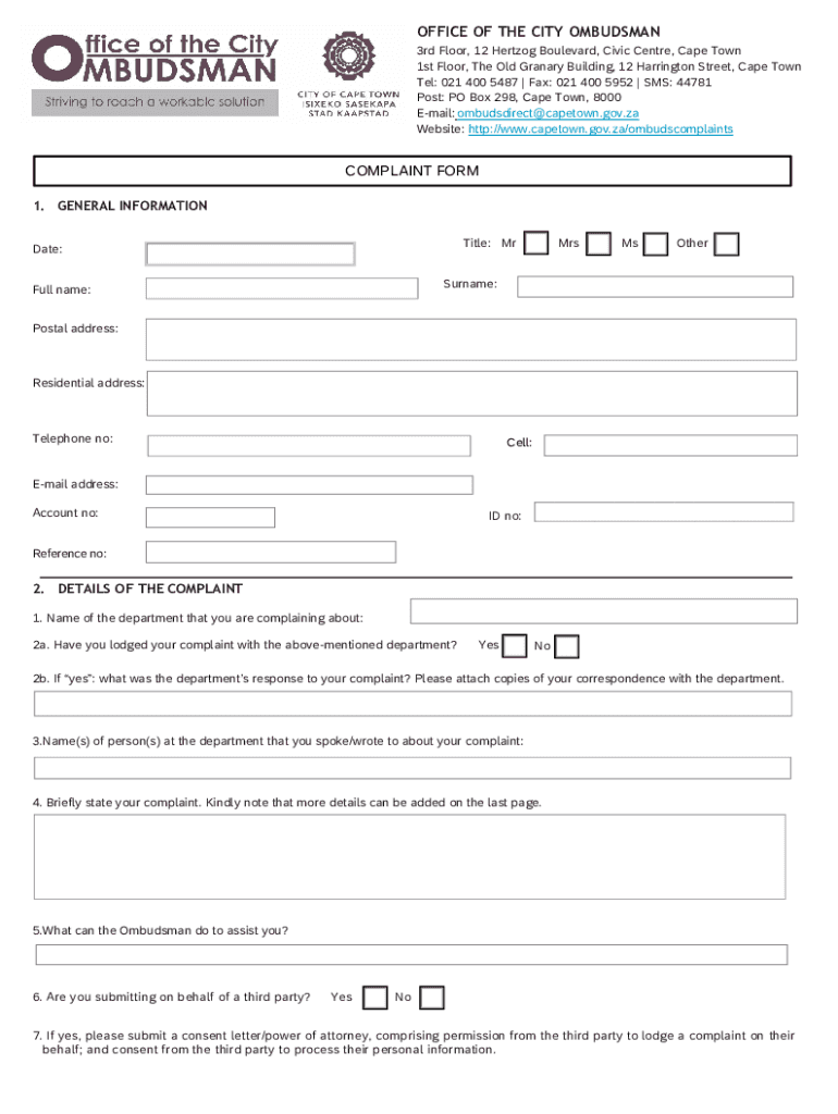 Fillable Online OFFICE OF THE CITY OMBUDSMAN COMPLAINT FORM Fax Email ...