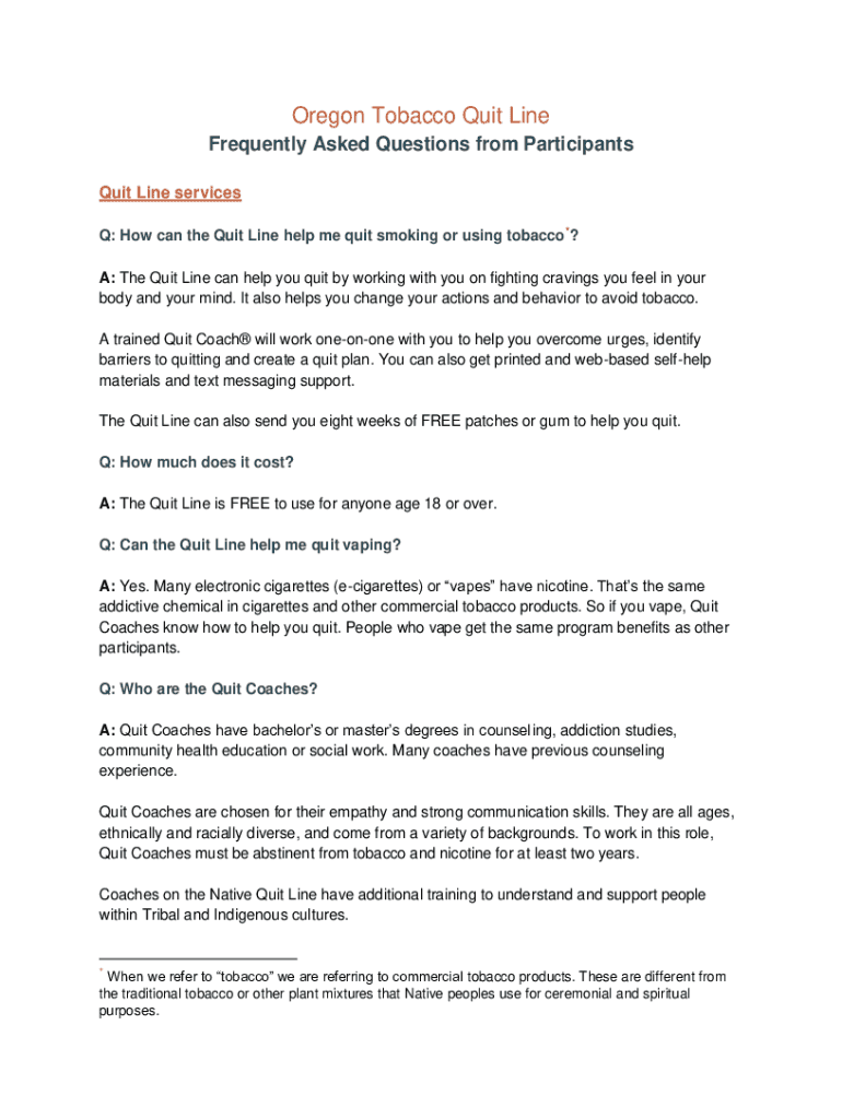 Fillable Online Washington State Quitline Frequently Asked Questions ...