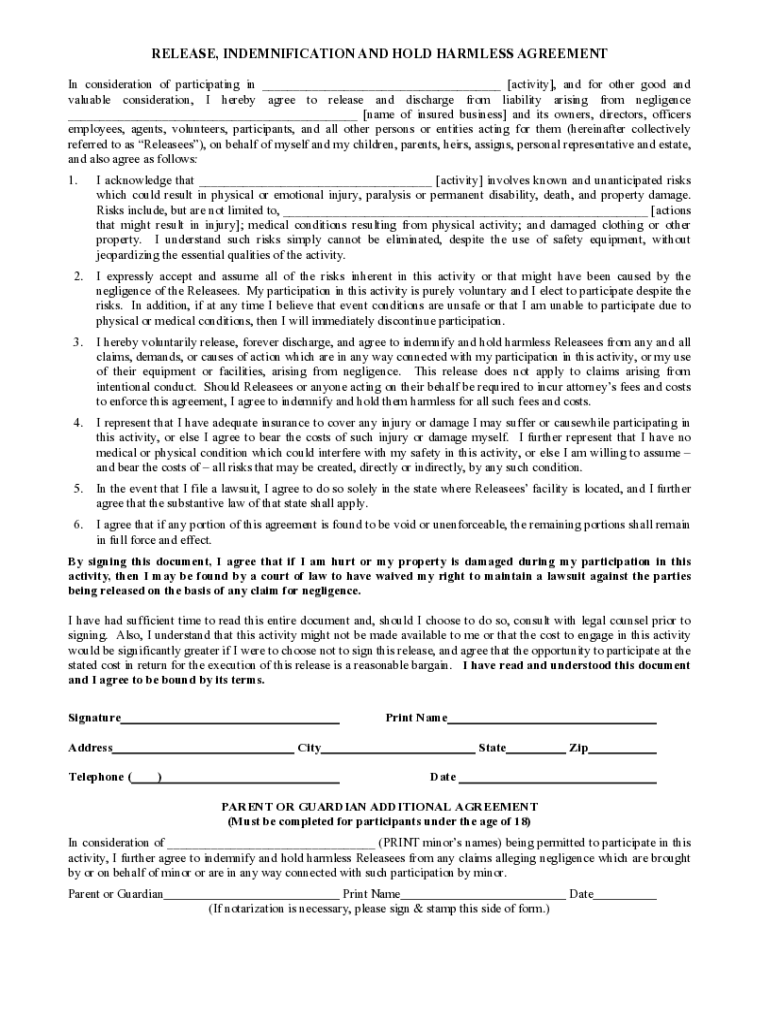Fillable Online Release, Indemnification and Hold Harmless Agreement ...