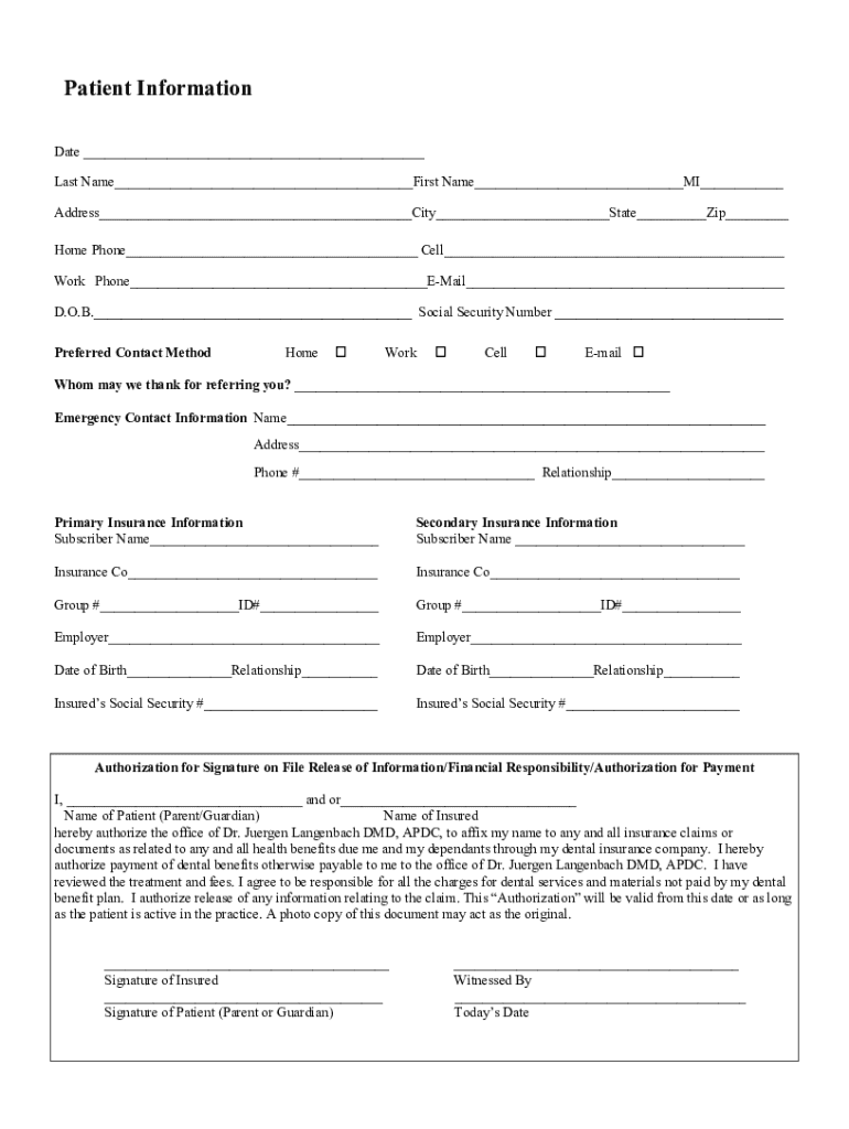 Fillable Online PATIENT DATA SHEET Parent Signature Fax Email Print - pdfFiller