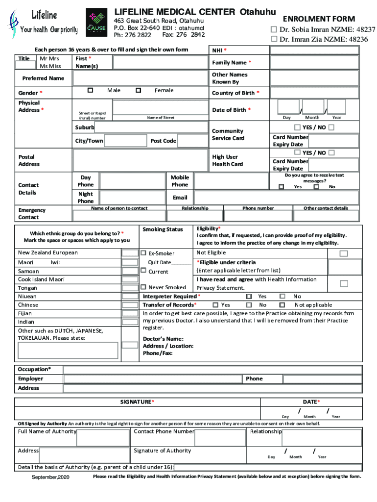 Fillable Online Enrolment Form - Lifeline Medical Centre Otahuhu Fax Email Print - pdfFiller