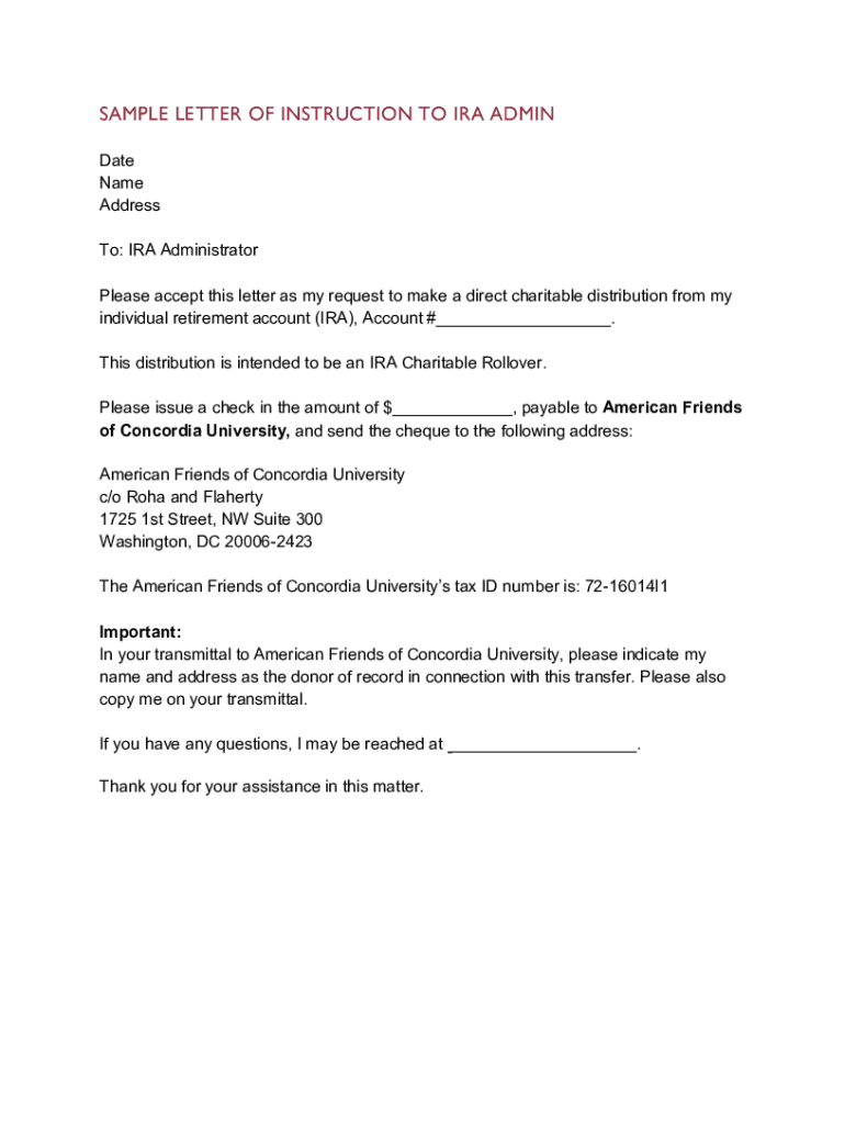 Fillable Online SAMPLE LETTER OF INSTRUCTION TO IRA ADMIN Fax Email ...