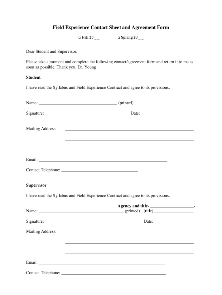 Fillable Online Field Experience Contact Sheet and Agreement Form ...