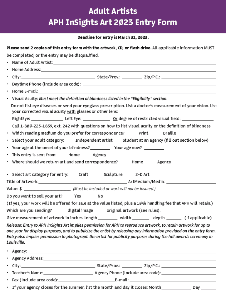 Fillable Online Preschool through High School Artists APH InSights Art ...