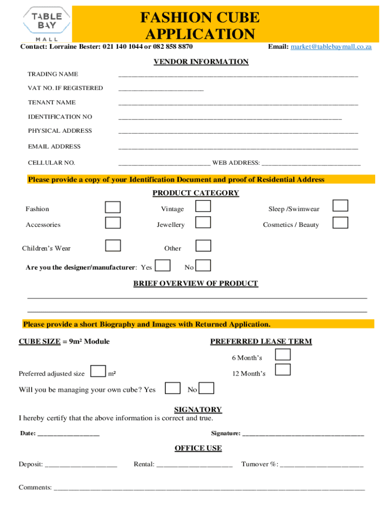 Fillable Online FASHION CUBE APPLICATION - Table Bay Mall Fax Email Print - pdfFiller