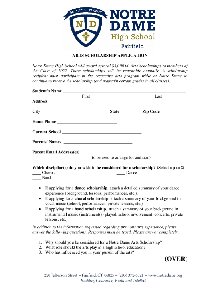 Fillable Online Arts Scholarship Application - Notre Dame High School Fax Email Print - pdfFiller
