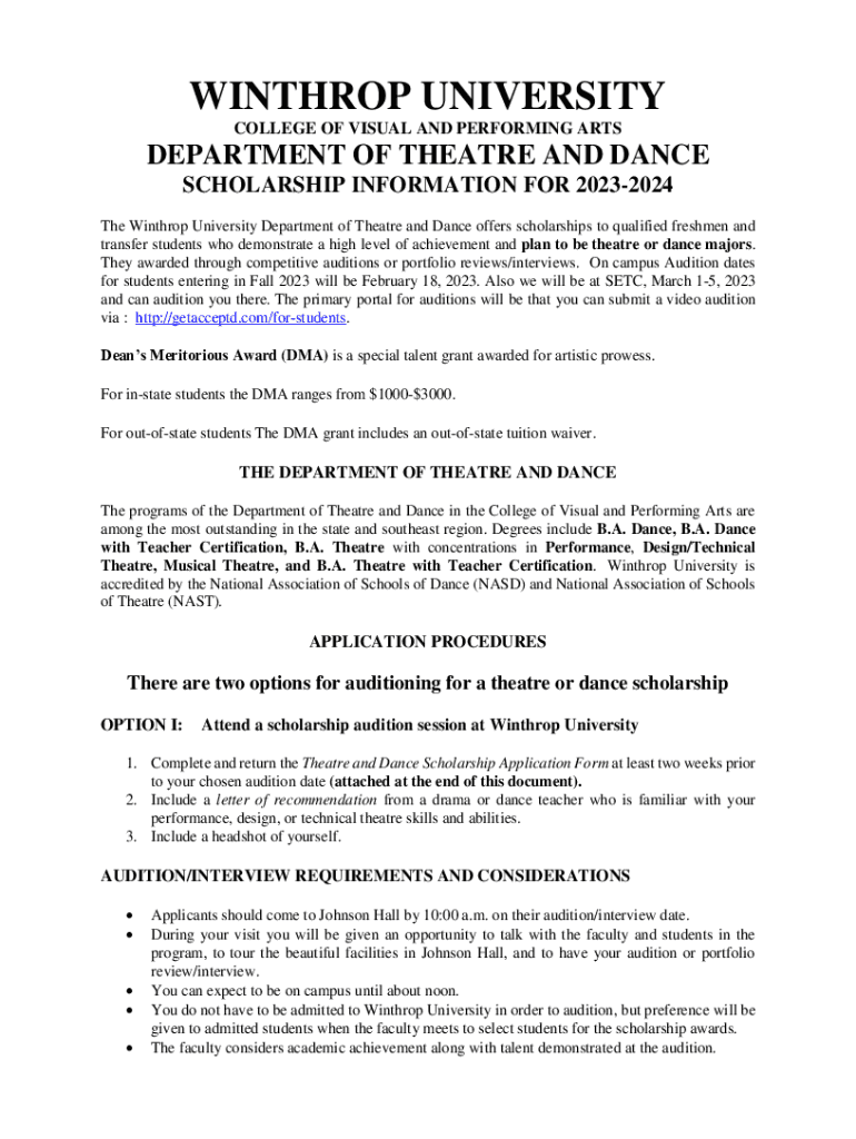 Fillable Online cmsdev winthrop CVPA - Theatre and Dance - Scholarships & Awards Fax Email Print ...
