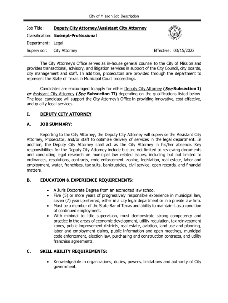 Fillable Online Job Title: Deputy City Attorney/Assistant ... Fax Email ...