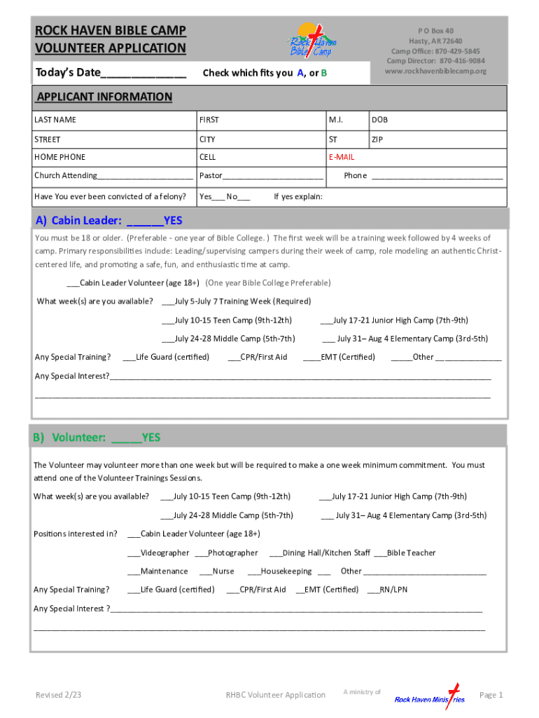 Fillable Online ROCK HAVEN BIBLE CAMP RETURNING VOLUNTEER ... Fax Email ...