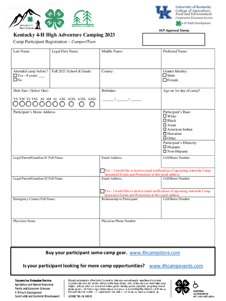Fillable Online trimble ca uky 4-H Camp - 4-H Youth Development ...
