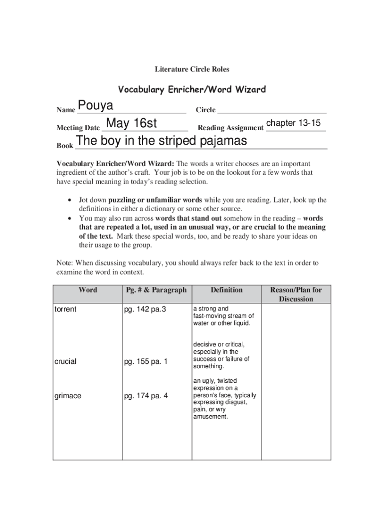 Fillable Online ENG 3C - Literature Circle Role Sheet.docx Fax Email ...