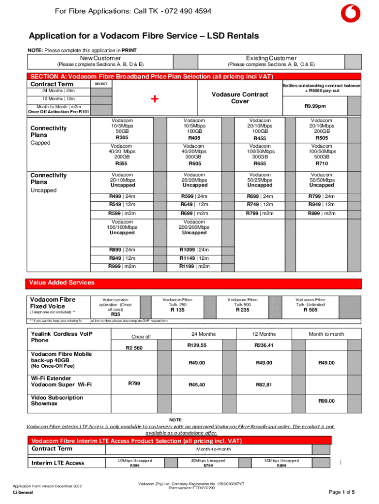Fillable Online Application for a Vodacom Fibre Service LSD Rentals Fax ...