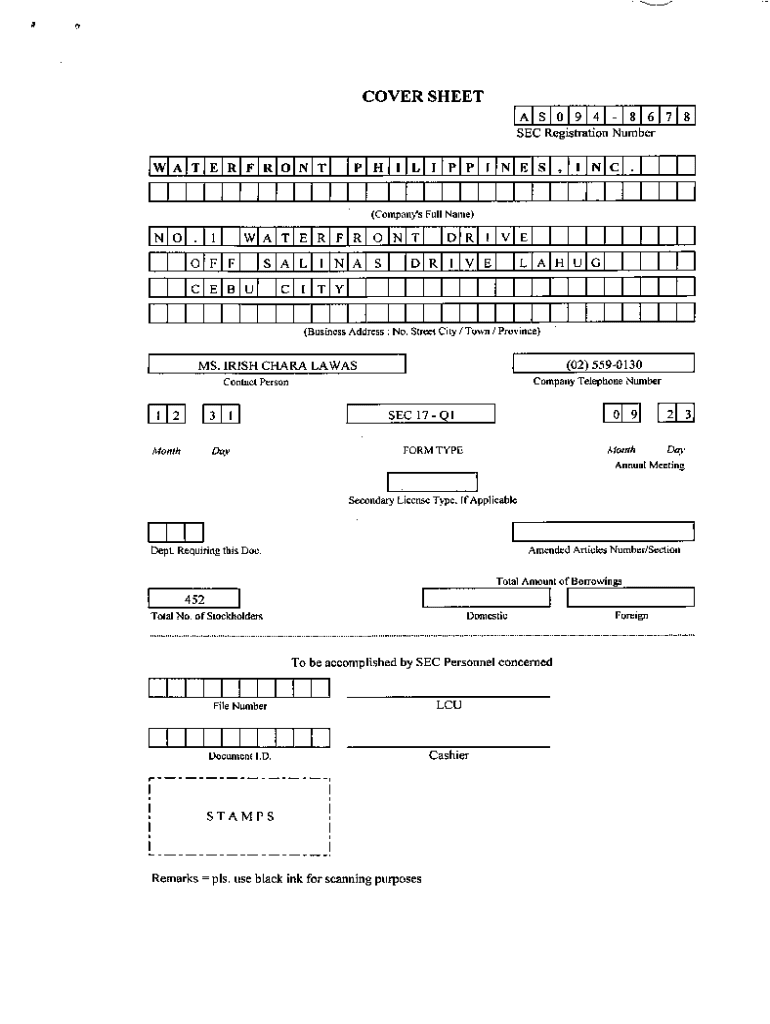 Fillable Online COVER SHEET SEC Registration Number To be accomplished ...