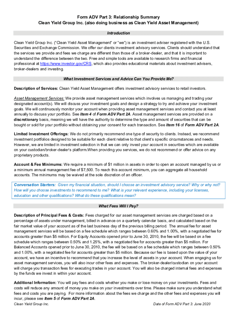 Fillable Online Form ADV Part 3 - Clean Yield Asset Management FINAL(1 ...