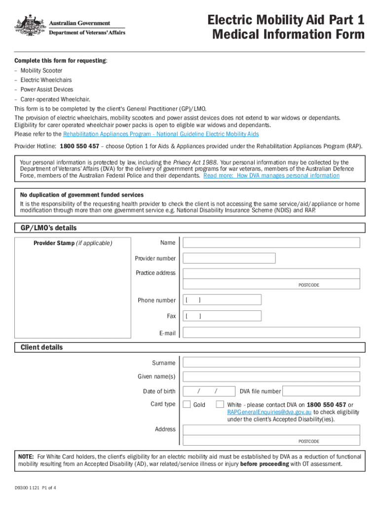 Fillable Online D9300 - Electric Mobility Aid Part 1 Medical ...