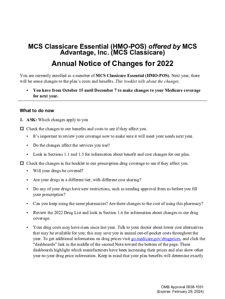 Fillable Online 2022 ANOC MCS Classicare Essential (ENG). 2022 - Annual Notice of Changes - MCS ...