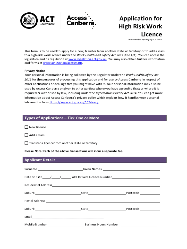 Fillable Online Application for high risk work licence. High Risk Work ...