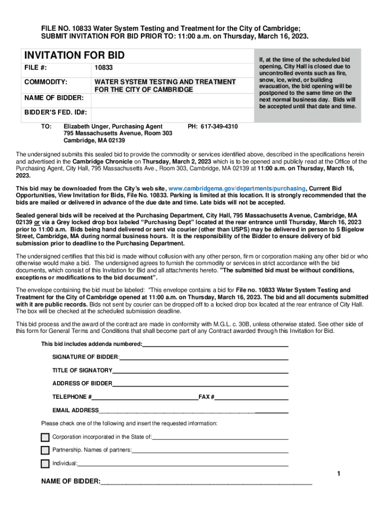Fillable Online www2 cambridgema File No. 10873 INVITATION TO BID The City of Cambridge, ... Fax ...