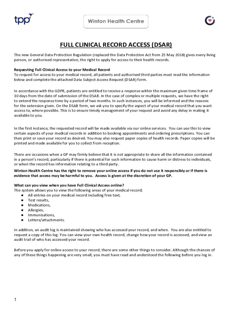 Fillable Online Patient Subject Access to Medical Records (SAR) Policy ...
