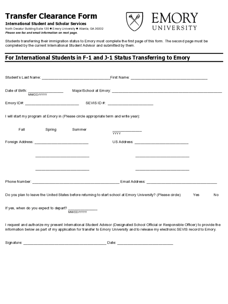 Fillable Online candler emory Transfer Clearance Form - Candler School ...