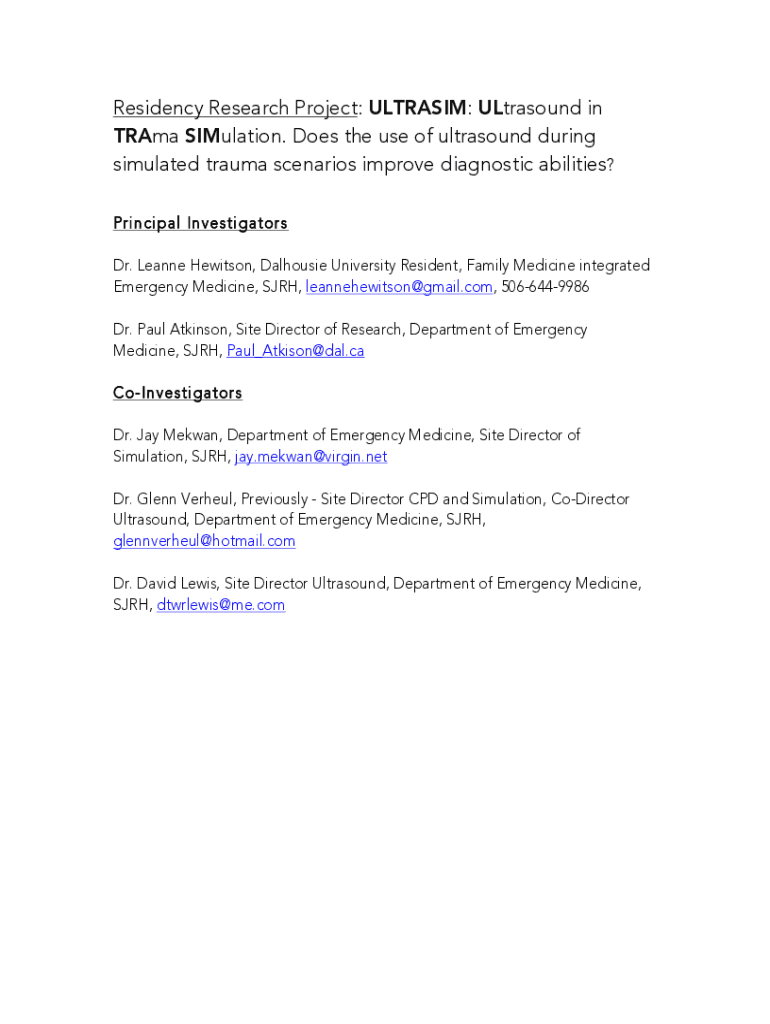 Fillable Online Residency Research Project: ULTRASIM: ULtrasound in ...