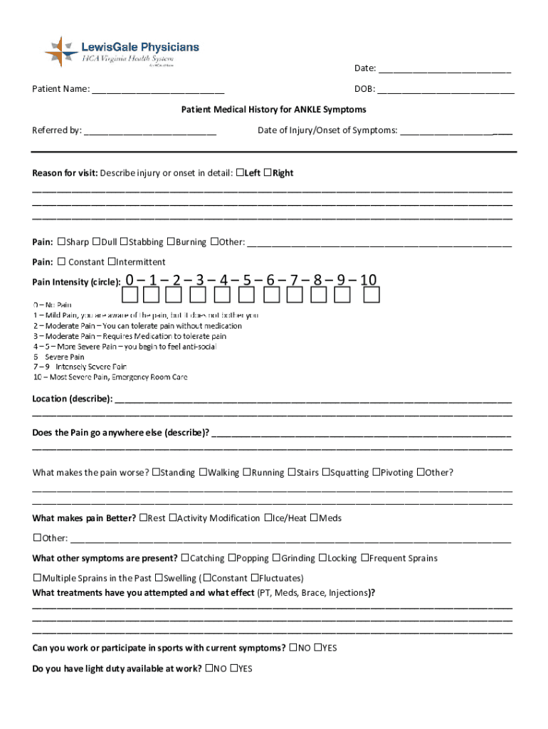 Fillable Online Patient Medical History for ANKLE Symptoms. Form Fax ...