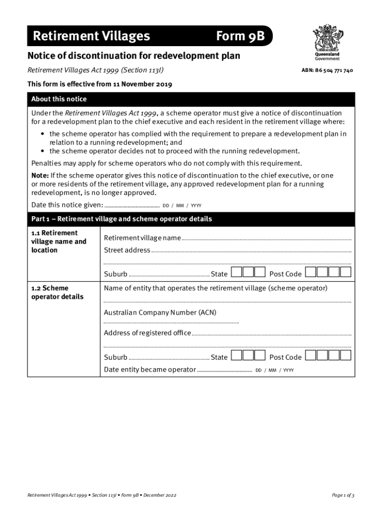 Fillable Online Retirement Villages Form 9B - Notice of discontinuation ...