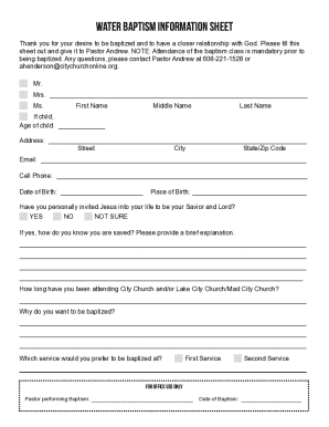 Fillable Online WATER BAPTISM INFORMATION SHEET Fax Email Print - pdfFiller