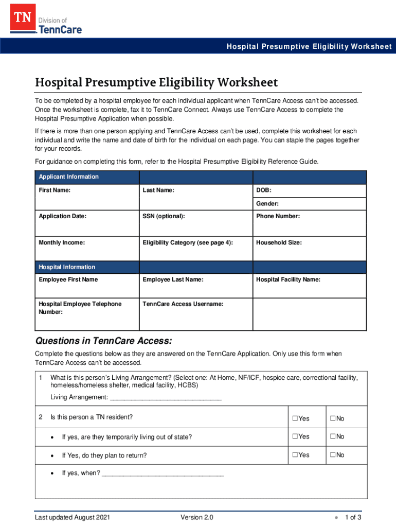 Fillable Online Hospital Presumptive Eligibility (PE) Application Web ...