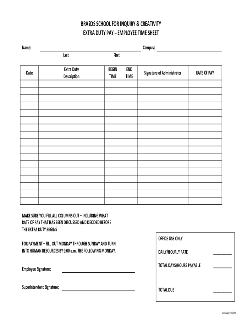 Fillable Online Extra Duty PayEmployee Time Sheet Fax Email Print ...