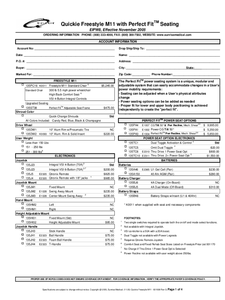 Fillable Online Quickie Freestyle M11 Perfect Fit Order Form - Sunrise ...