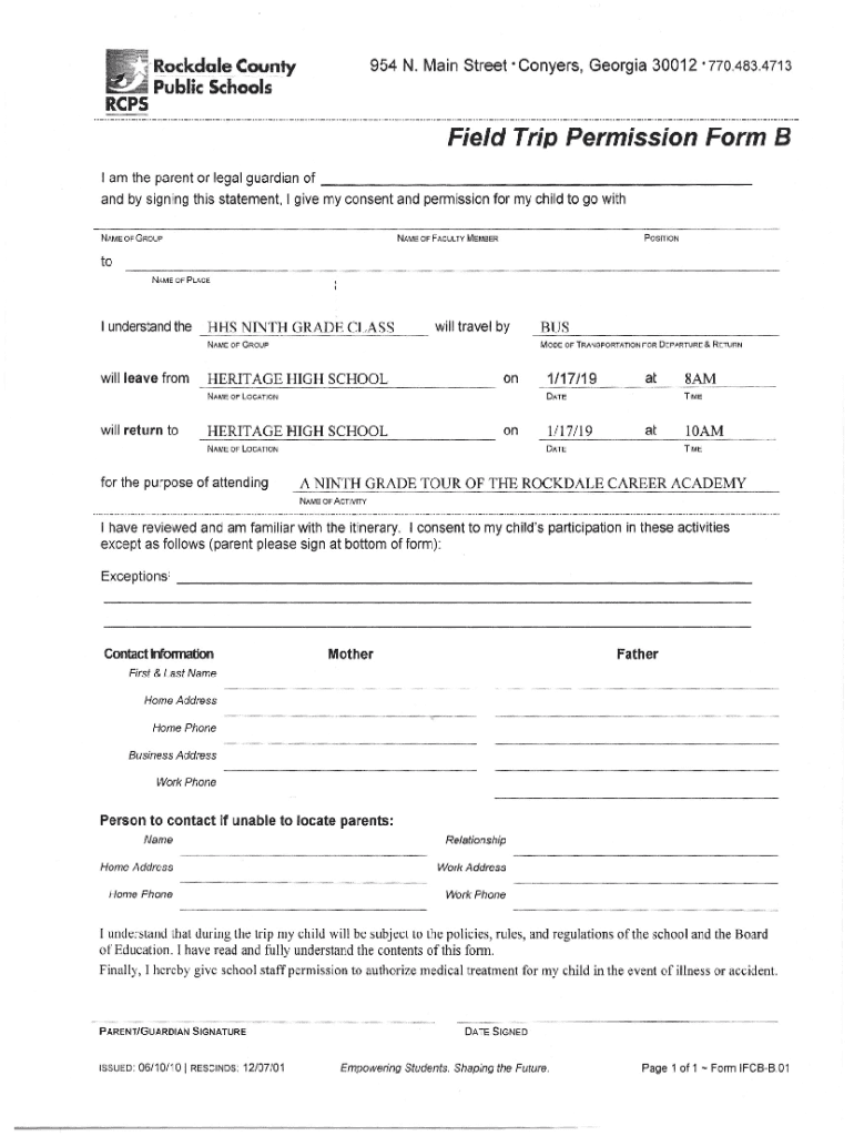 Fillable Online hhs rockdaleschools Field Trip Permission Form B Fax ...