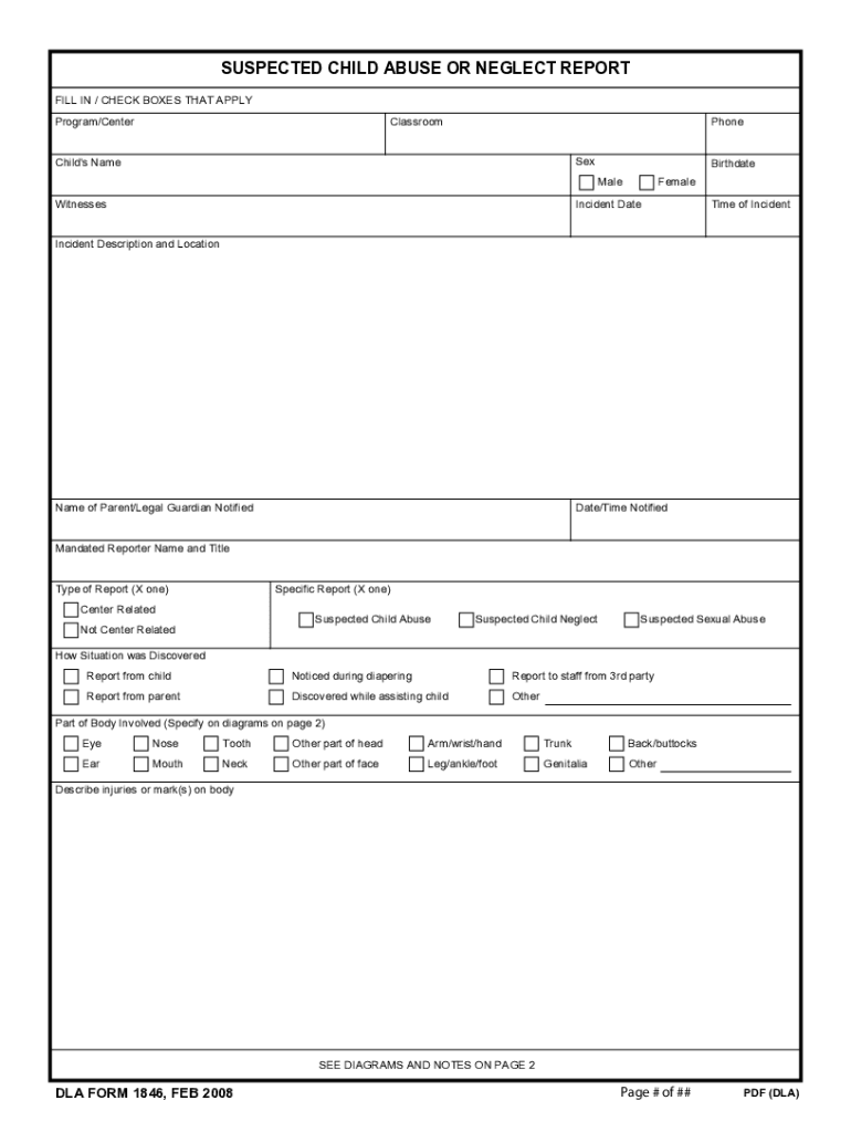 Fillable Online DLA Form 1846, August 2006. Suspected Child Abuse or ...