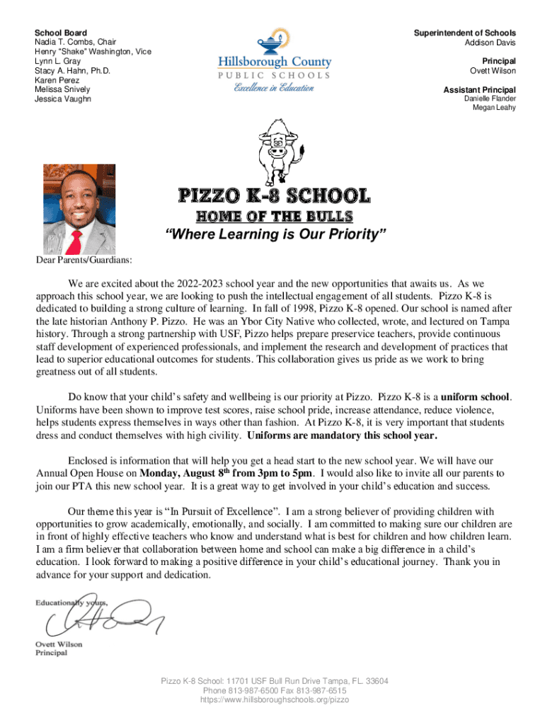 Fillable Online PIZZO K-8 SCHOOL HOME OF THE BULLS Where Learning is ...