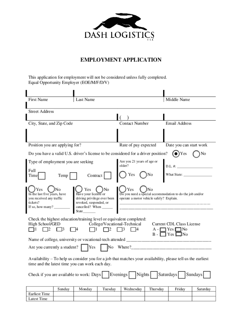 Fillable Online Dash Logistics LLC - Employment Application Fax Email ...