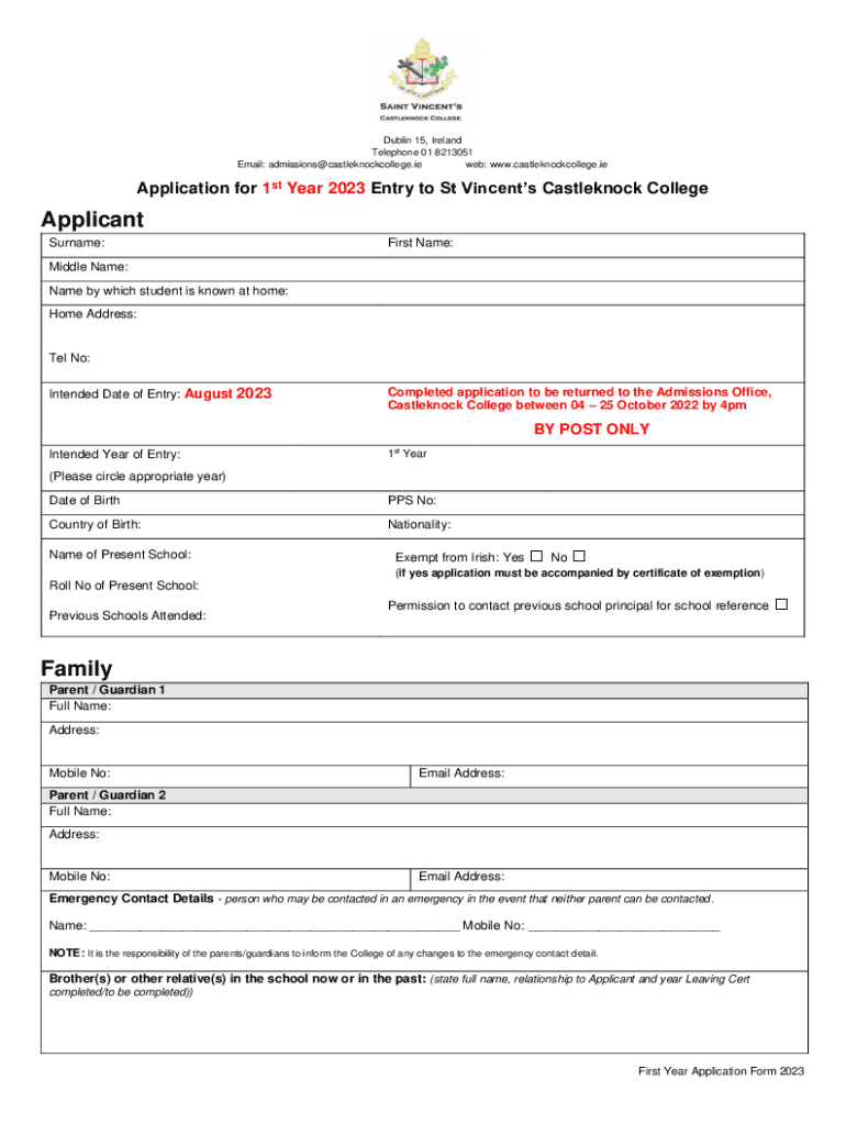 Fillable Online Castleknock College, Dublin Fingal 15 on ... Fax Email ...