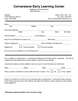Fillable Online Application for Employment - Cornerstone Early Learning ...