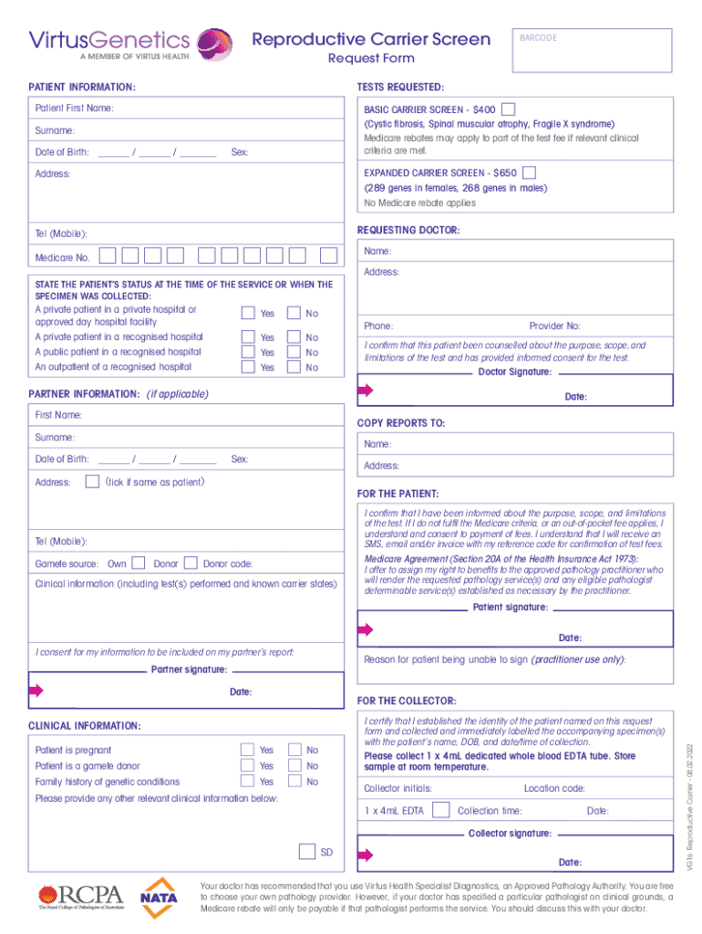 Fillable Online Reproductive Carrier Screen Request Form Fax Email Print - pdfFiller