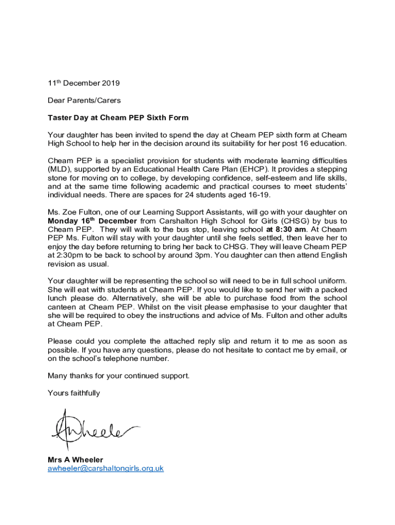 Fillable Online Taster Day at Cheam PEP Sixth Form Fax Email Print ...