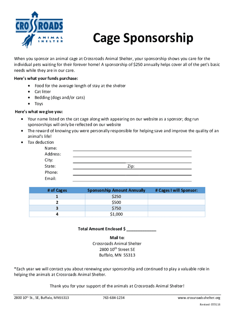 Fillable Online Sponsor a Shelter Animal's Cage or Kennel! Fax Email Print - pdfFiller