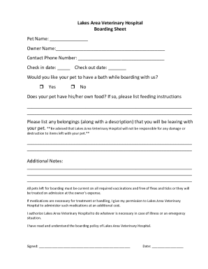 Fillable Online Lakes Area Veterinary Hospital Boarding Sheet Pet Name ...