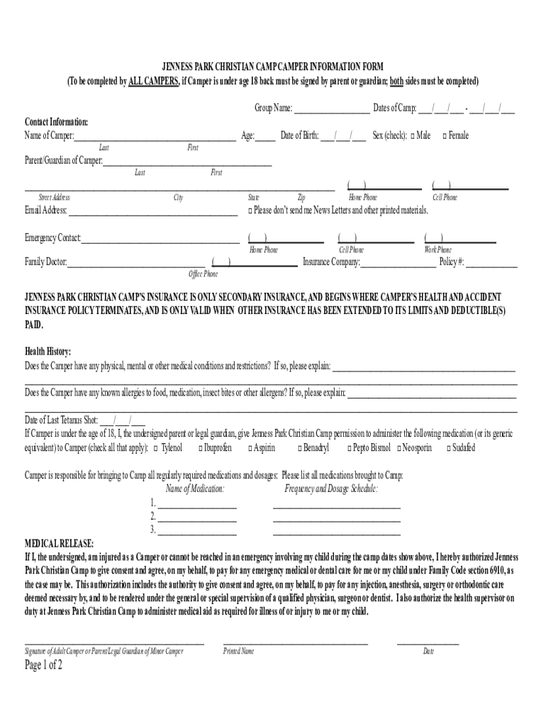 Fillable Online Jenness Park Christian Camp Camper Information Form Fax ...